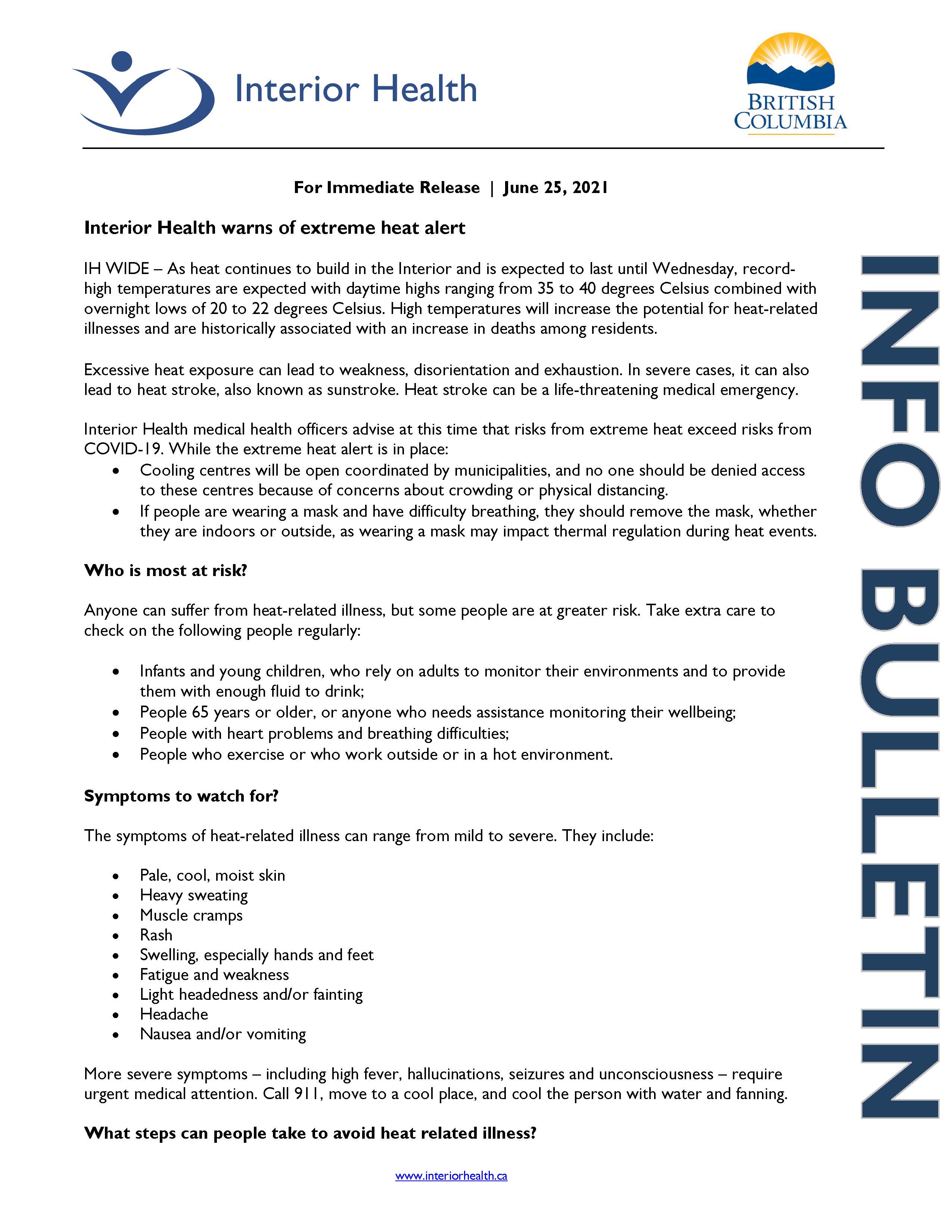 Interior Health warns of extreme heat alert: News - District of Sicamous Interior Health warns of extreme heat alert: News - District of Sicamous